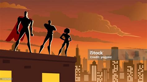 벡터 슈퍼 히어로 트리오 실루엣 도시 스톡 일러스트 레이 션 3 명에 대한 스톡 벡터 아트 및 기타 이미지 3 명 고층 건물 구름 Istock
