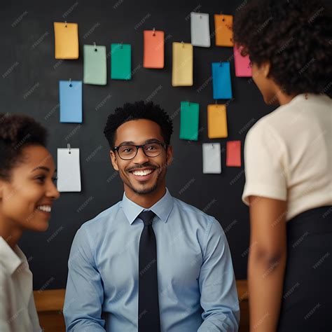 Premium Photo A Man And Woman Are Smiling And Smiling In Front Of A Bulletin Board With