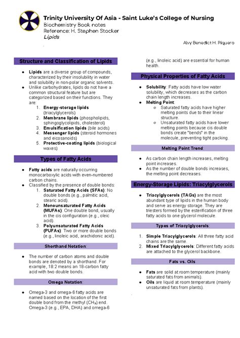 Biochem Lipids Trinity University Of Asia Saint Lukes College Of