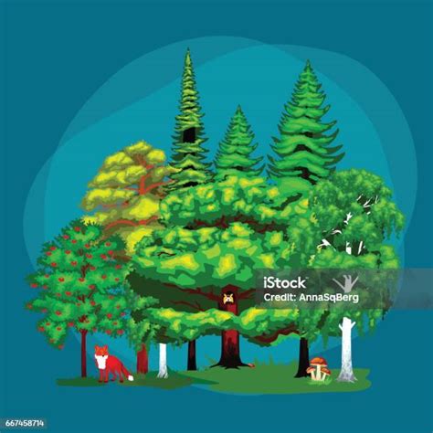 자연에서 숲 여름 나무 컬렉션을 설정 분기 단풍으로 소나무와 격리 된 벡터 일러스트 레이 션 환경 보호 생태 개념 공원이 나 정원에 대 한 조 경 디자인 요소 Leafs 0