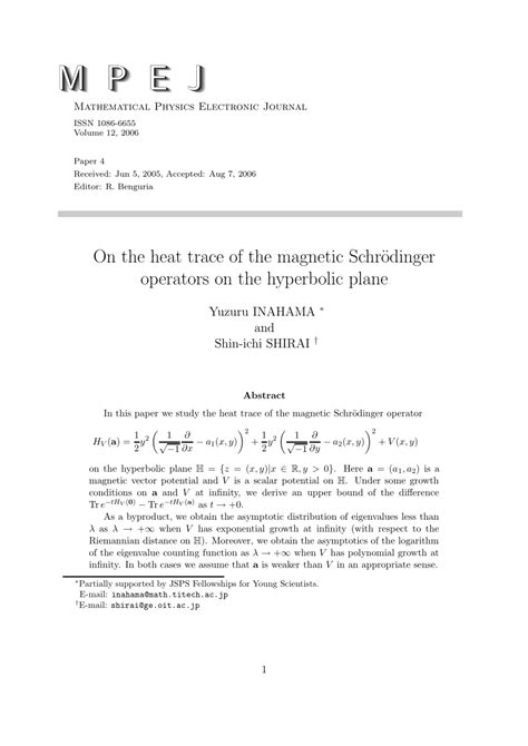Pdf On The Heat Trace Of The Magnetic Schrödinger Operators On The Hyperbolic Plane