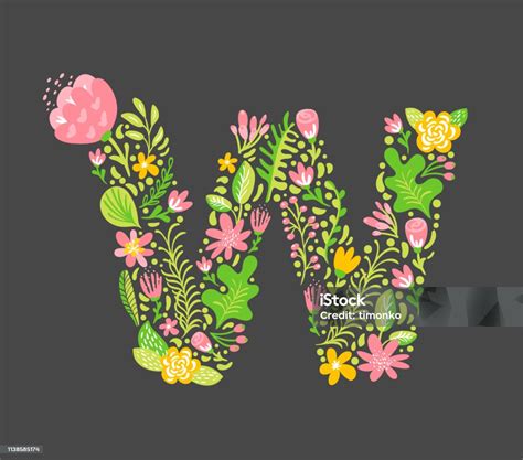 꽃 여름 편지 W 꽃 자본 결혼식 대문자 알파벳 꽃과 나뭇잎과 화려한 글꼴입니다 벡터 일러스트 레이 션 그로 테 스크