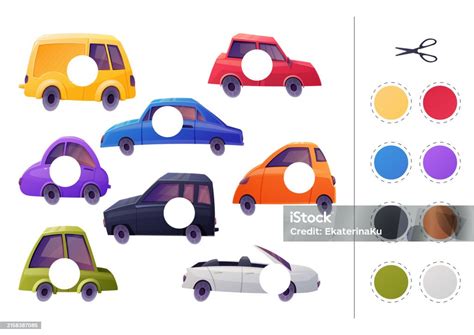 교육용 어린이 패치 게임 기본 색상 학습 아플리케 자르기 및 접착 활동 페이지 고립 된 만화 자동차 세트입니다 Brand Name Domestic Car에 대한 스톡 벡터