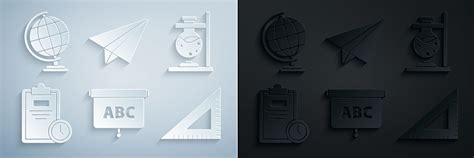 세트 칠판 유리 테스트 튜브 플라스크 불에 시계와 시험 시트 삼각형 통치자 종이 비행기와 지구 지구 아이콘 벡터 3차원 형태에 대한 스톡 벡터 아트 및 기타 이미지 Istock