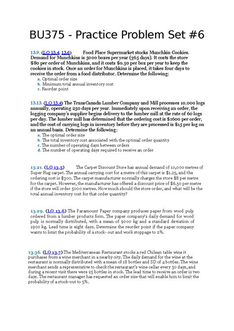 Practice Problem Set Chapter BU Practice Problem Set LO Food Place
