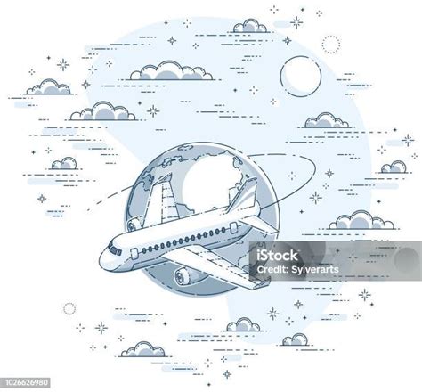 항공사 항공 비행기 정기 여객기와 구름으로 둘러싸인 하늘에서 지구 그림 여행 아름 다운 얇은 라인 벡터 흰색 배경에 고립입니다 3차원 형태에 대한 스톡 벡터 아트 및 기타
