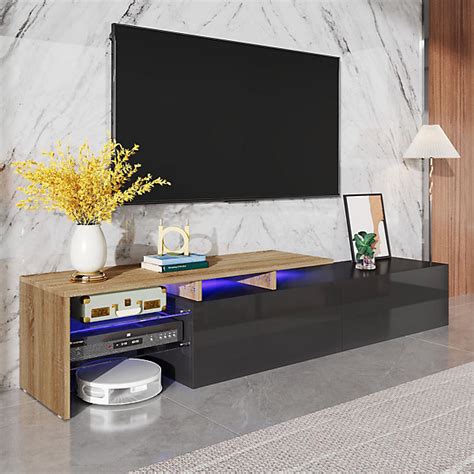 Modern Black And Wood Effect Tv Cabinet With High Gloss Doors Glass