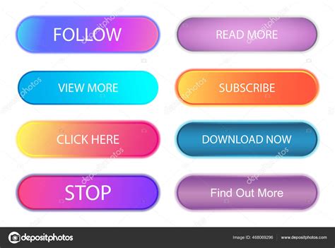 버튼 ui ux web 디자인 세트 그림자가 있는 유행하는 곡선 추종하고 구독하고 다운로드하고 더 읽고 여기를