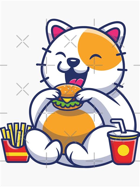 Pegatina Con La Obra Lindo Gato Comiendo Hamburguesa Y Papas Fritas
