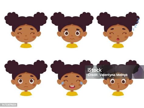 다양한 표정과 몸짓으로 귀여운 만화 어린 아이 혼혈 소녀 다른 감정을 보여주는 만화 어린이 캐릭터 벡터 그림 감정에 대한 스톡