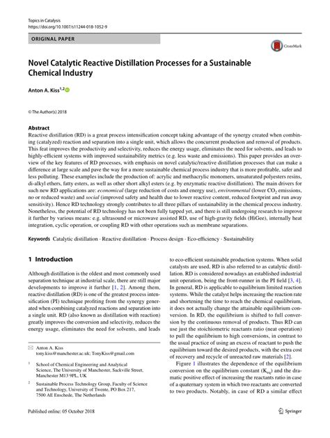 Pdf Novel Catalytic Reactive Distillation Processes For A Sustainable Chemical Industry
