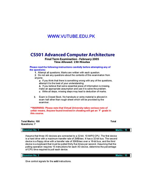Advance Computer Architecture Cs501 Spring 2005 Final Term Paperpdf Exams Computer Science