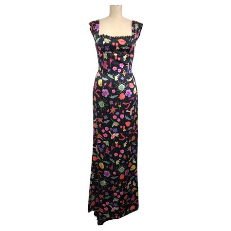 Black Multi Floral High Waisted Satin Gown For Sale At 1stdibs