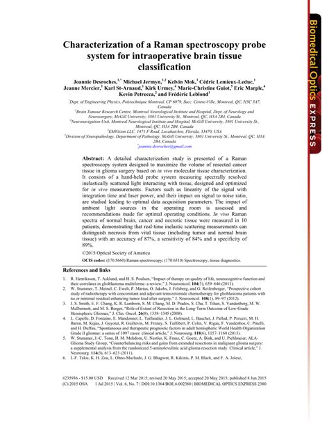 Pdf Characterization Of A Raman Spectroscopy Probe System For Intraoperative Brain Tissue