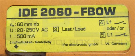 IFM ELECTRONIC IDE2060FBOW INDUCTIVE ADJUSTABLE PROXIMITY SWITCH 20 250VAC PLC Toolbox Supply