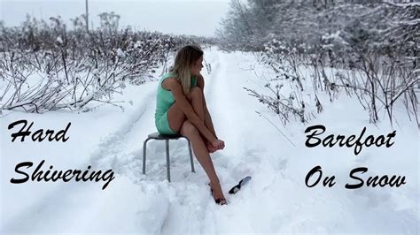 Very Hard Shivering Girl Girl Shivering In Underware Barefoot On Snow Goosebumps Skin Windy
