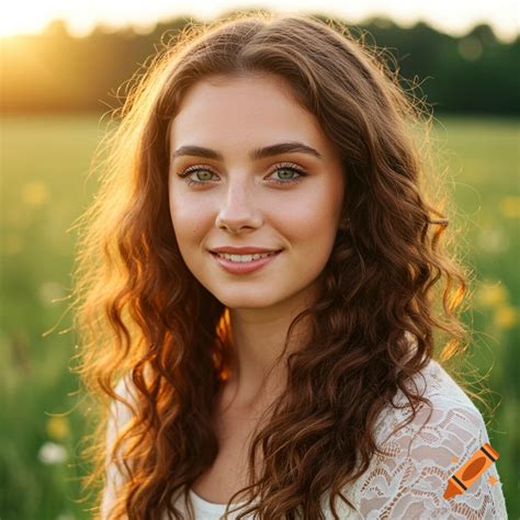A Smiling Young Woman With Long Curly Brown Hair And Green Eyes Stands In A Sunny Green Field