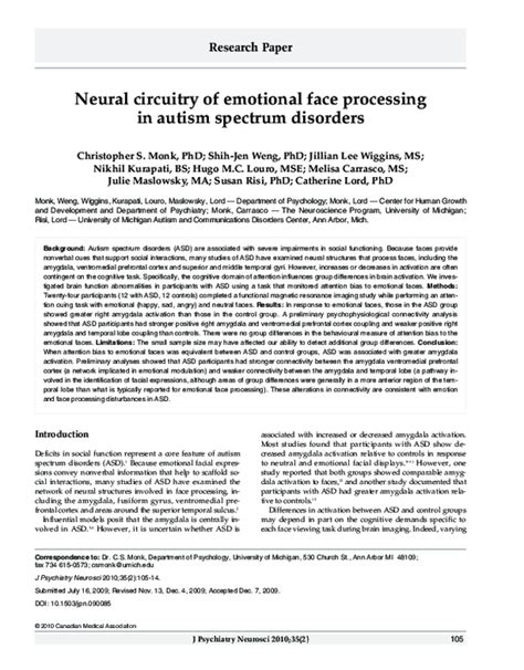 Pdf Neural Circuitry Of Emotional Face Processing In Autism Spectrum