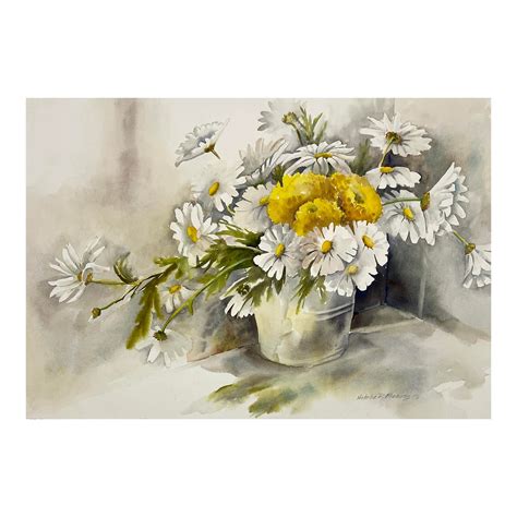 1980s Natalie Fleming Daisy Floral Still Life Watercolor Chairish