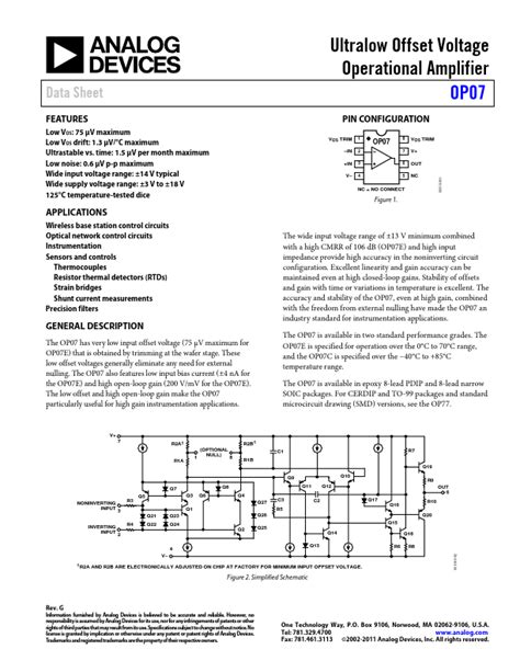 Op07 Ultralow Offset Voltage Operational Amplifier Analog Devices