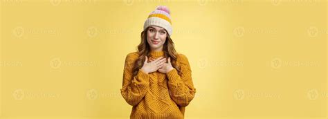 Thankful Touched Young Woman Receive Warm Pleasant Compliment Press