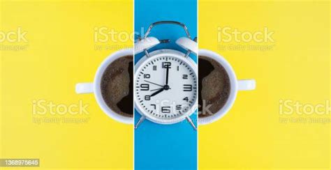 흰색 알람 시계와 컬러 배경에 커피 컵의 콜라주 맨 위 보기입니다 공간을 복사합니다 0명에 대한 스톡 사진 및 기타 이미지 0명 개념 노랑 Istock