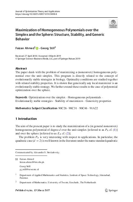 Pdf Maximization Of Homogeneous Polynomials Over The Simplex And The Sphere Structure