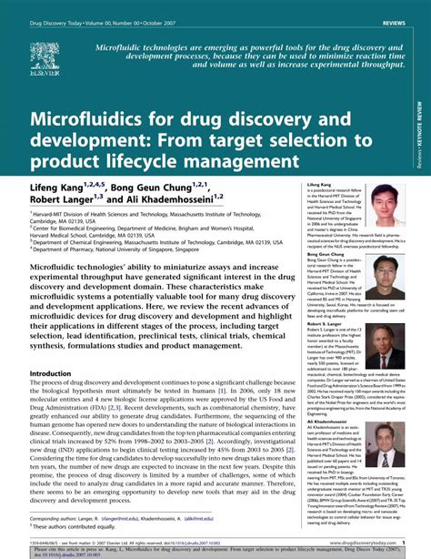 Pdf Microfluidics For Drug Discovery And Development From Drug Discovery Today 2007 Pdf