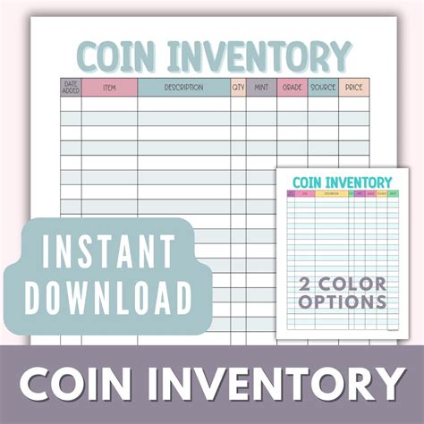 Coin Inventory Log Printable Coin Collection Tracker Collectible Coin