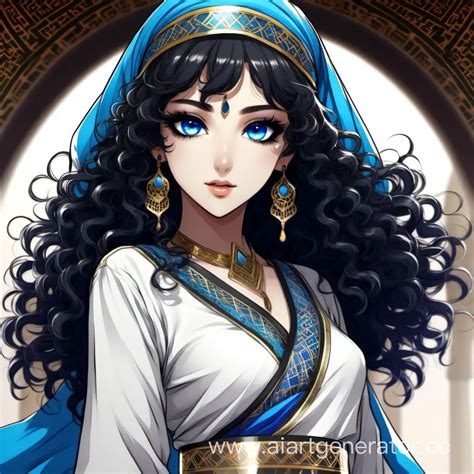 Arab Dancer Anime Girl With Black Curly Hair And Blue Eyes Ai Art