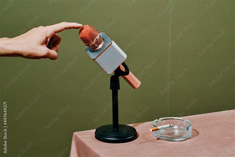 Man Testing A Microphone In A Desktop Stand Stock Photo Adobe Stock