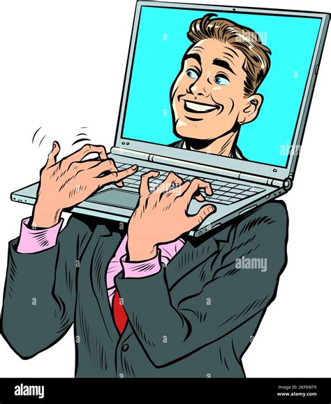 Pop Art Businessman With Laptop Laptop Instead Of A Head An Electronic Device Carrying A