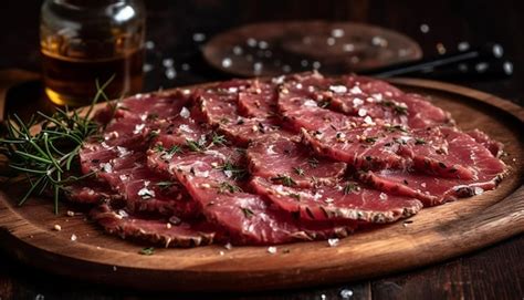 Ai가 생성한 신선하고 맛있는 소박한 나무 테이블에 구운 등심 스테이크 무료 사진