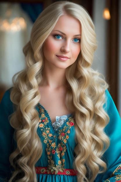 Premium Photo A Blonde Woman With Long Blonde Hair Wearing A Blue Dress With Flowers On The Right