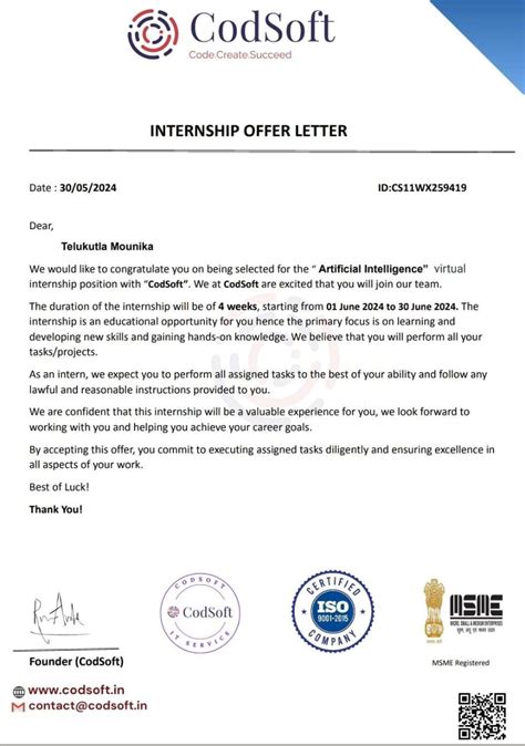 Mounika Telukutla On Linkedin Codsoft Artificialintelligence Internshipofferletter