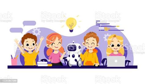 어린이 개념을위한 로봇 코스 로봇 설계 프로그래밍 및 수리 스마트 기술 로봇과 인포 그래픽과 쾌활한 아이들의 그룹 만화 플랫