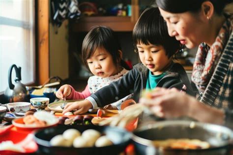Una Familia Japonesa Preparando Y Disfrutando De Un Desayuno