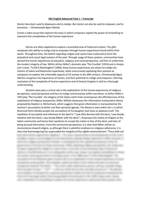 Multimodal Essay Transcript Texts And Human Experiences English Advanced Year 12 Hsc