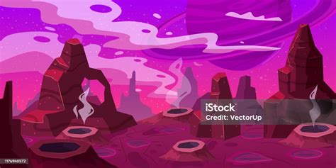 판타지 개념 공간 만화 게임 배경입니다 공간 아케이드 게임 수준의 디자인환상적인 공상 과학 외계 행성 풍경 벡터 절연 가공의 행성에 대한 스톡 벡터 아트 및 기타 이미지