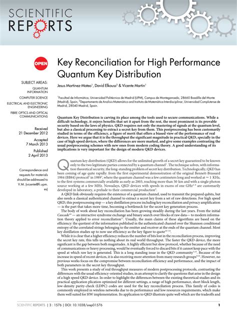 Pdf Key Reconciliation For High Performance Quantum Key Distribution