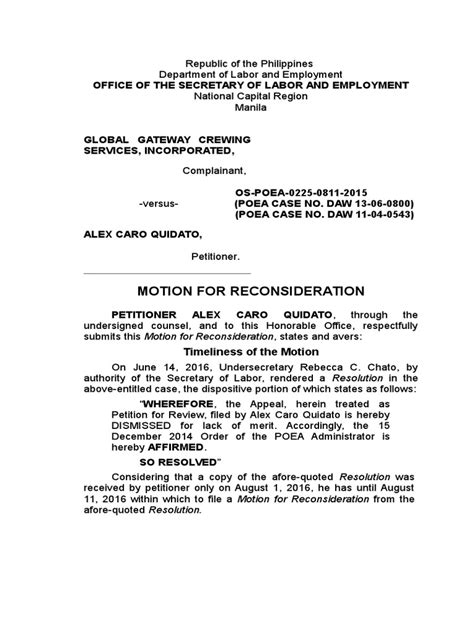 Sample Motion For Reconsideration Poea Evidence Law Makati