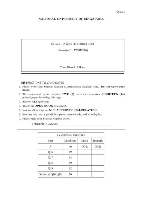 15 16 Solution Nil NATIONAL UNIVERSITY OF SINGAPORE CS1231 DISCRETE STRUCTURES Semester 1