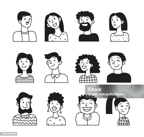 낙서 스타일에 웃는 사람들 아이콘의 벡터 세트입니다 남성과 여성의 초상화 간단한 라인 아트 윤곽선 자유형 스케치 흰색 바탕에 분리된 그림 검은색에 대한 스톡 벡터 아트 및