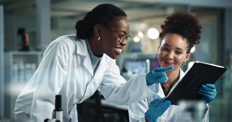 Science Women And Tablet In Lab For Advice Positive Feedback Or