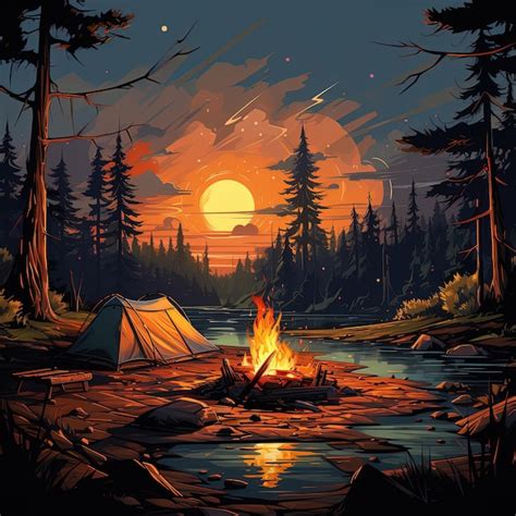 Cozy Campfire Scene With Tent In Colorful Vector Art Premium Ai