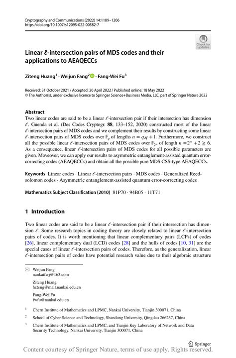 Linear ℓ Intersection Pairs Of Mds Codes And Their Applications To Aeaqeccs