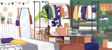 옷걸이에 옷을 정확하게 걸 수 있는 깔끔한 침실 관엽 식물 옷장으로 청소 한 후 깔끔한 아파트 질서 물건 옷장 정리가 있는 객실 인테리어 플랫 벡터 일러스트 레이 션 가정용