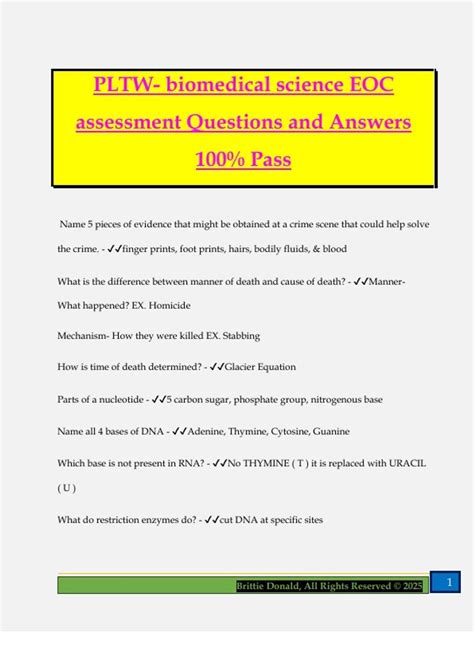 Pltw Biomedical Science Eoc Assessment Questions And Answers 100 Pass
