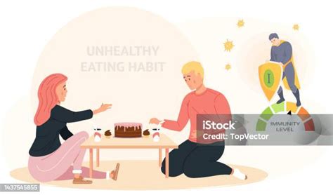 테이블에 케이크와 소다와 커플 면역력이 낮은 사람들은 지방이 많은 고 칼로리 음식을 먹습니다 가득 찬에 대한 스톡 벡터 아트 및 기타 이미지 Istock