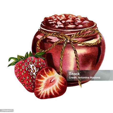 항아리에 딸기와 딸기 잼 수제 수채화 그림 겨울을 위한 준비 강조 표시하십시오 사실적인 식물 그림 포장 라벨 및 전단지 스티커용 0명에 대한 스톡 벡터 아트 및 기타 이미지